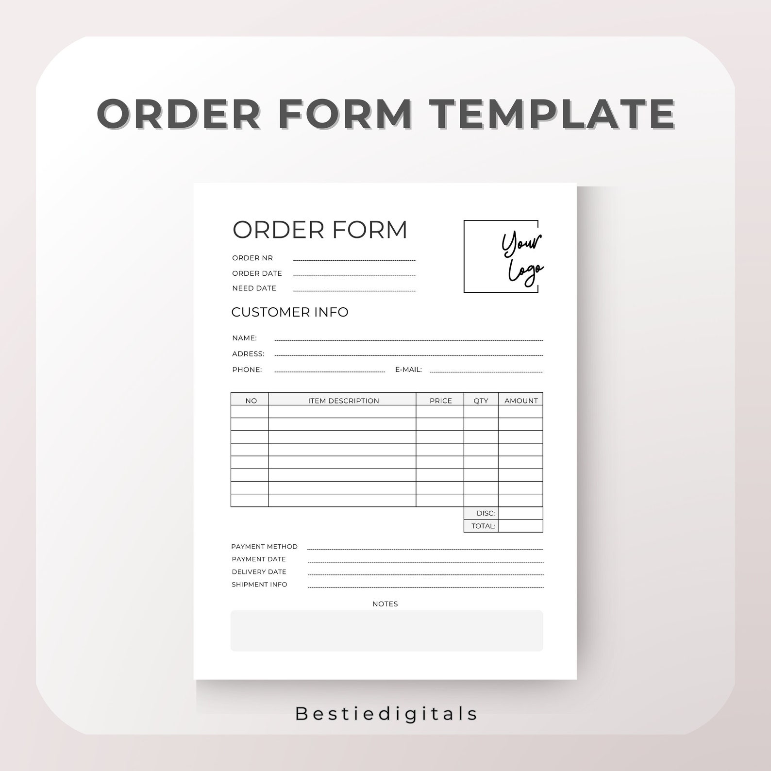 Customizable Canva Order Form Template | Printable Digital Invoice for ...