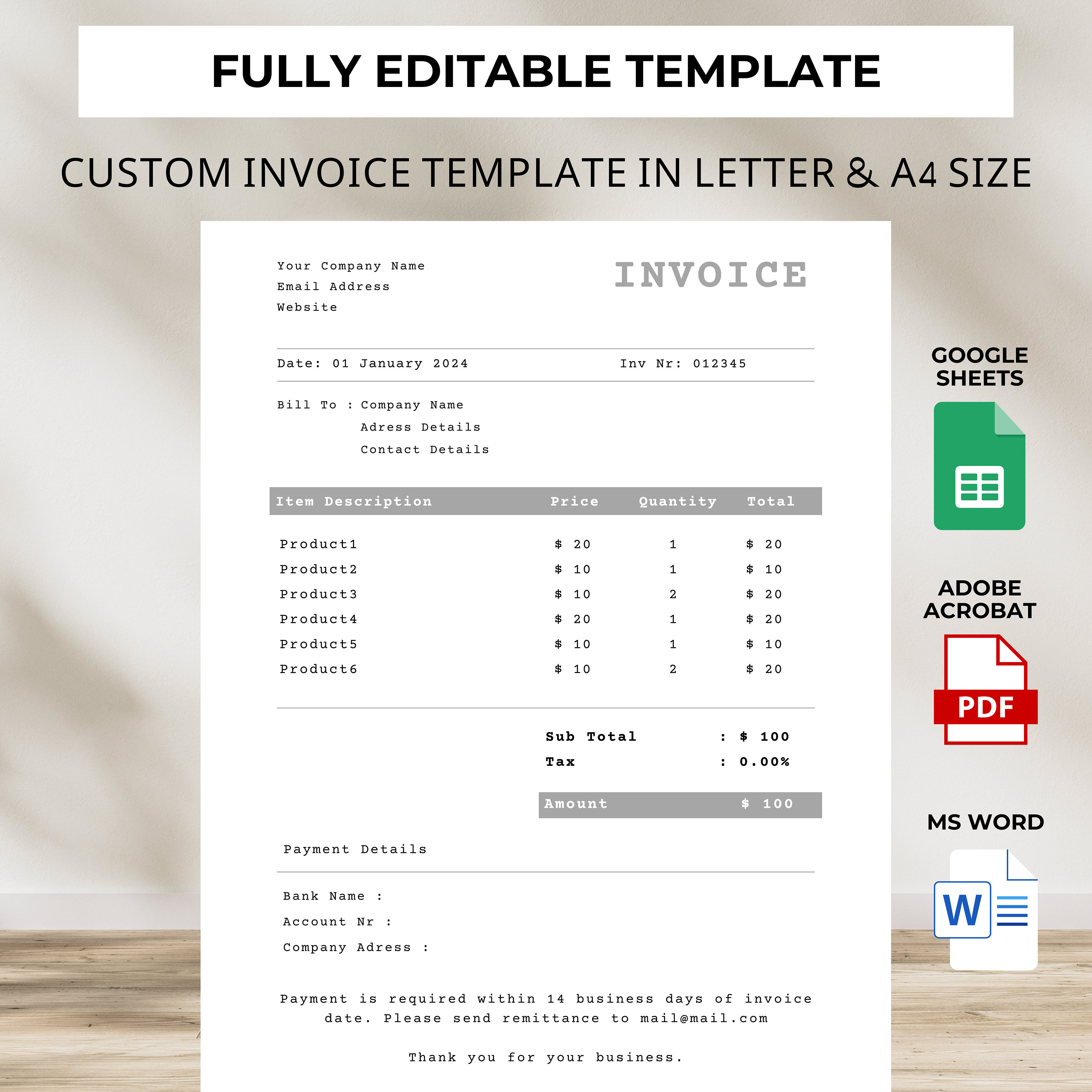 Business Invoice Editable Template PDF Google Sheets Docs Word Excel ...