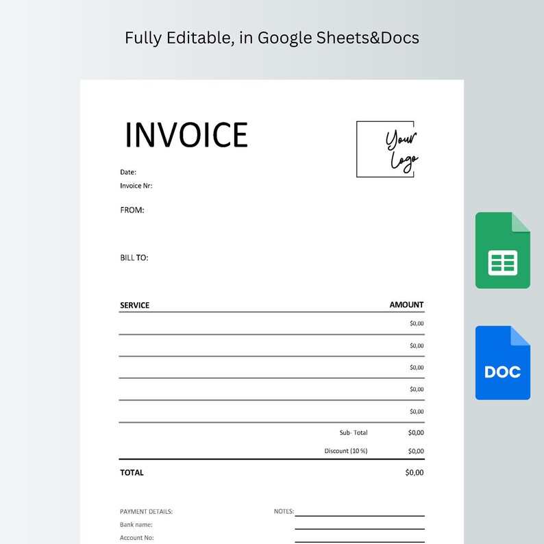 Editable Business Invoice Template: Minimalist Form (PDF, Google Docs ...
