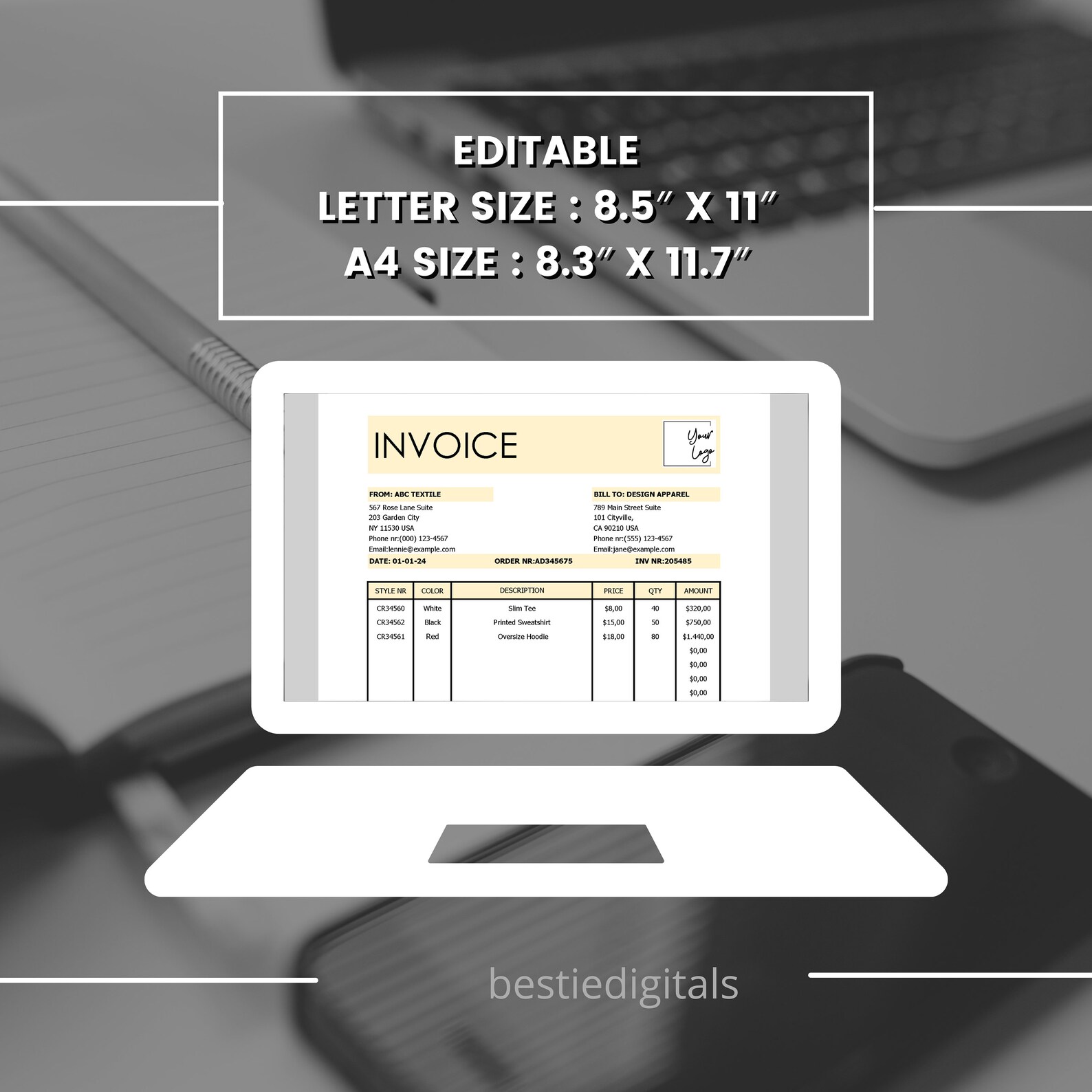 Invoice Template PDF Editable Invoice, Custom Invoice , Printable ...