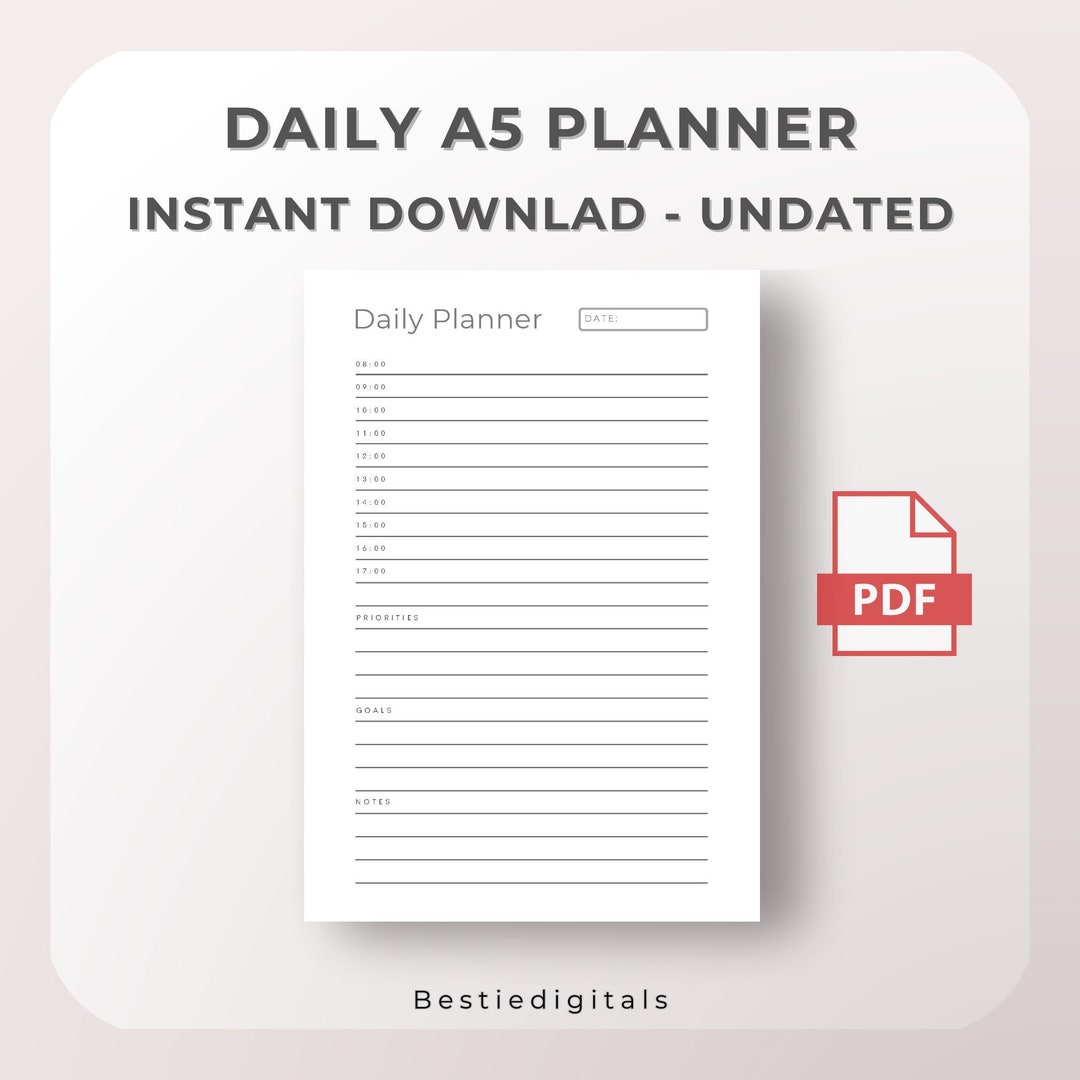 A5 Daily Planner Printable PDF - Instant Download, Undated Organizer ...