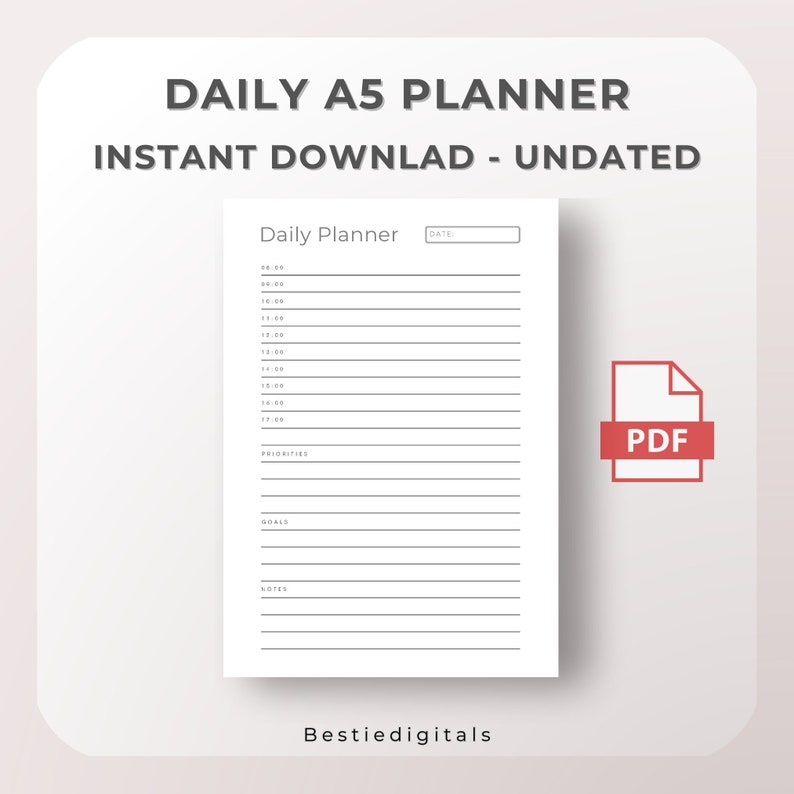 A5 Daily Planner Printable PDF - Instant Download, Undated Organizer ...