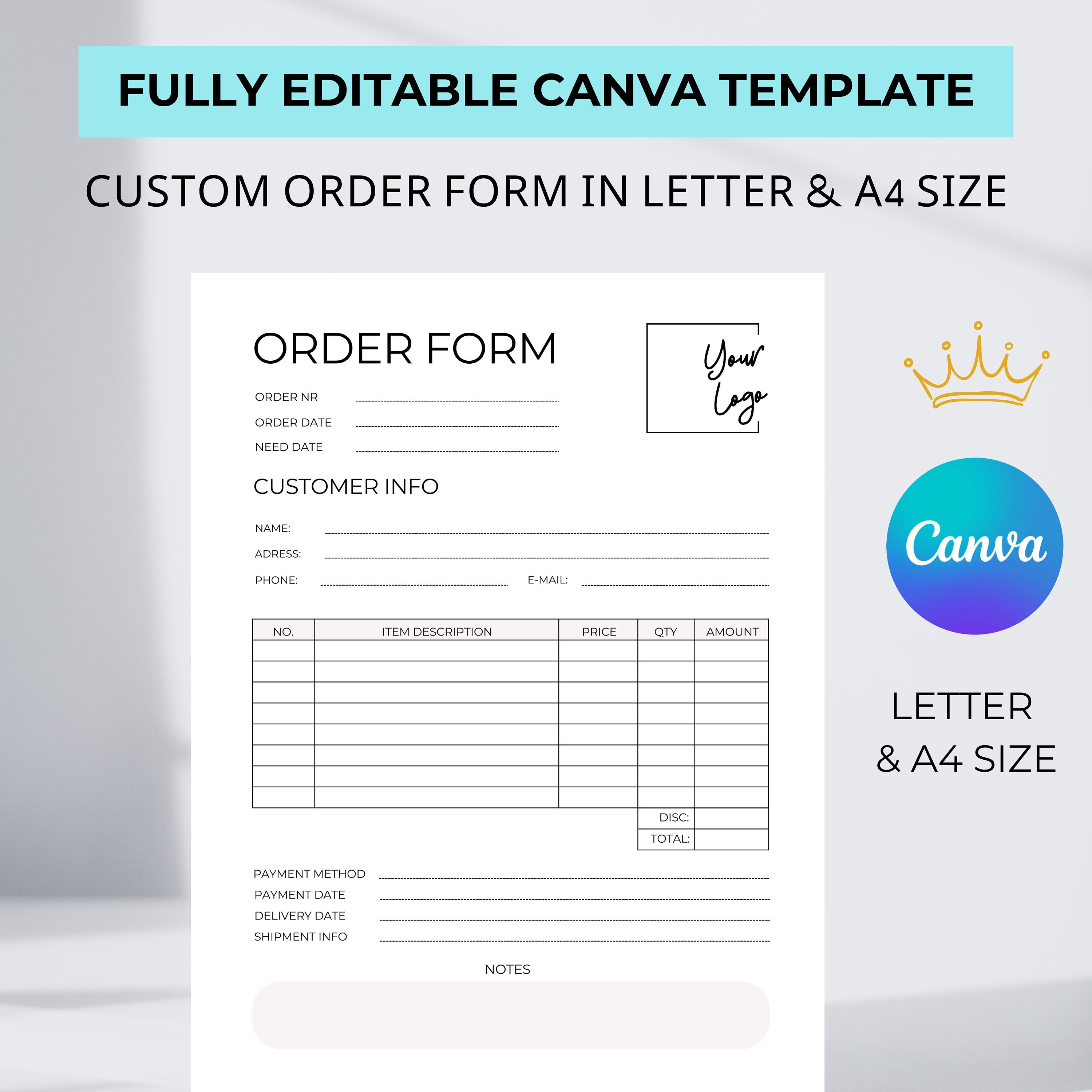 Custom Order Form Template | Purchase Order Form Template | Order Form ...