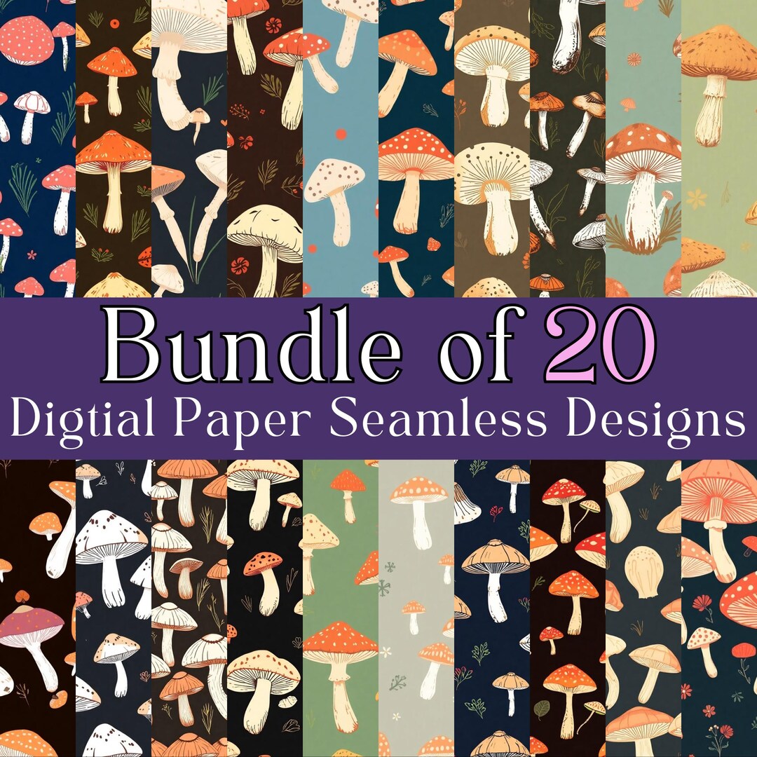 Whimsical Mushroom Printables: 20 Seamless Designs for Scrapbooking ...