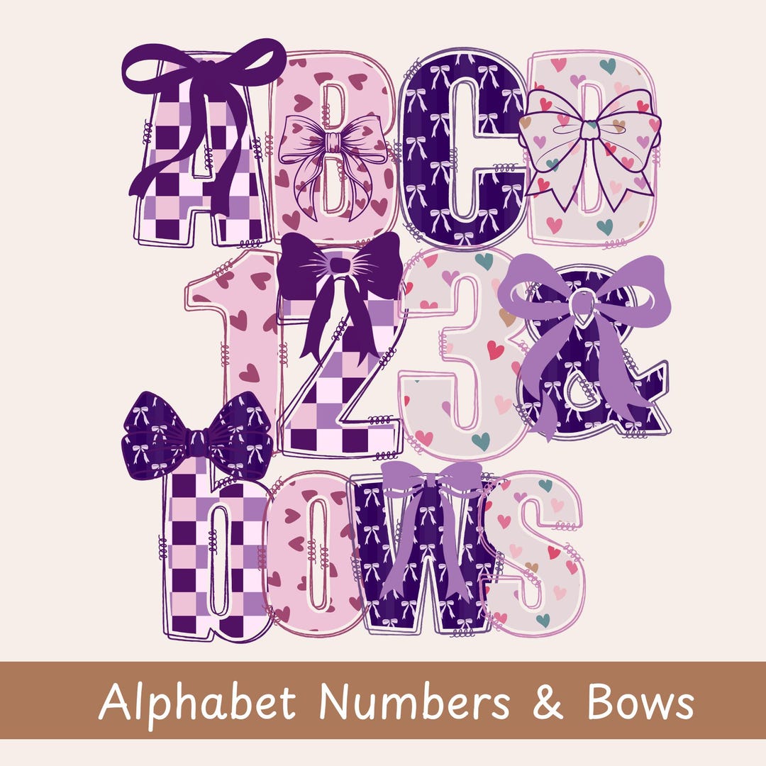 Purple Alphabet & Numbers Clip Art – Bows, Hearts, Checkers (300 Dpi ...
