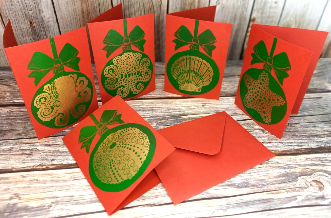 5 Pack Sea Themed Christmas Card. Hand Printed Linocut of Scallop Shell ...