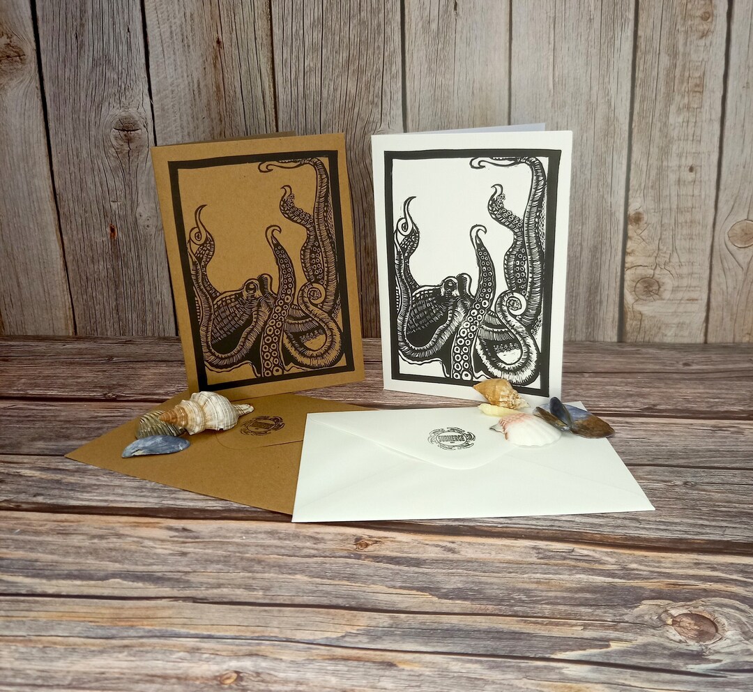 Octopus Linocut Card: Handmade Fine Art Print, Blank Inside - Etsy