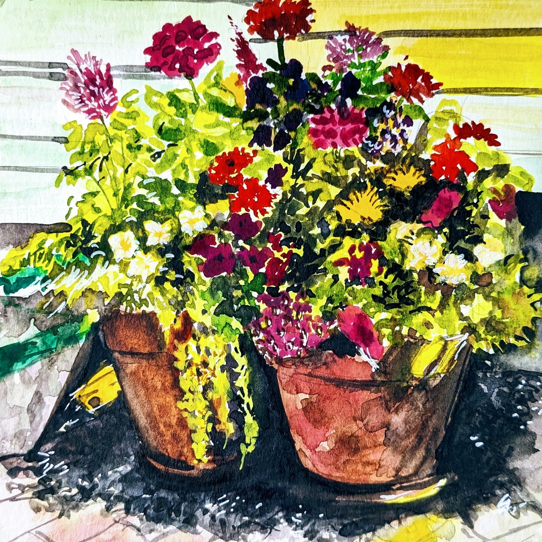 Original Watercolor Summer Flower Pots Mini Painting 6 X 6 Inches - Etsy
