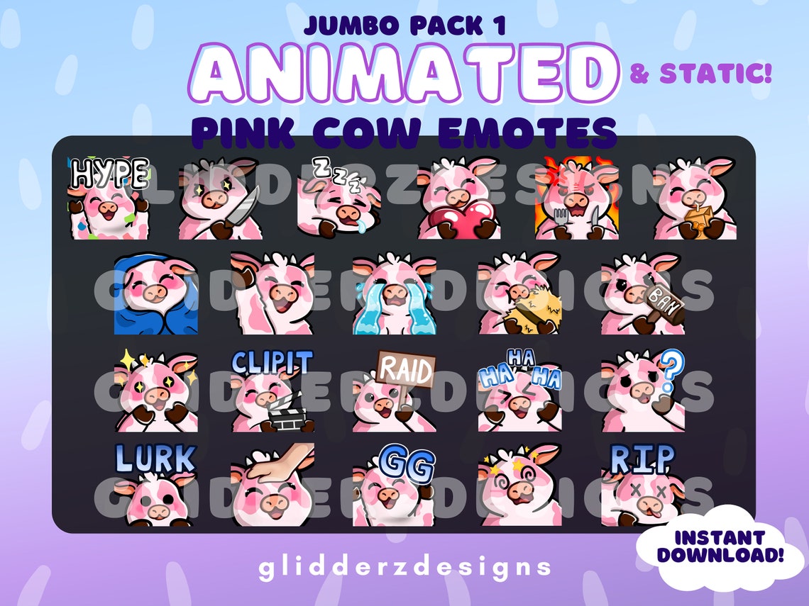 Pink Cow ANIMATED Emotes Jumbo Pack 1 | Strawberry Cow Twitch Emotes ...