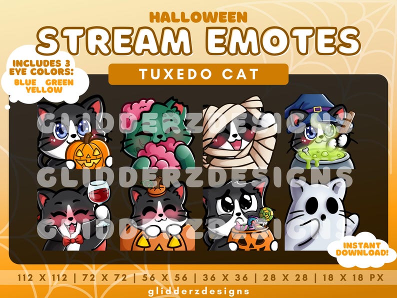 Tuxedo Cat Halloween Twitch Emote Pack | Halloween Cat Emotes | 8 ...