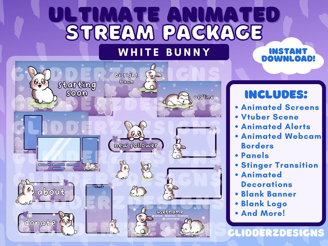 ULTIMATE White Bunny Stream Package | Bunny Twitch Package PURPLE ...
