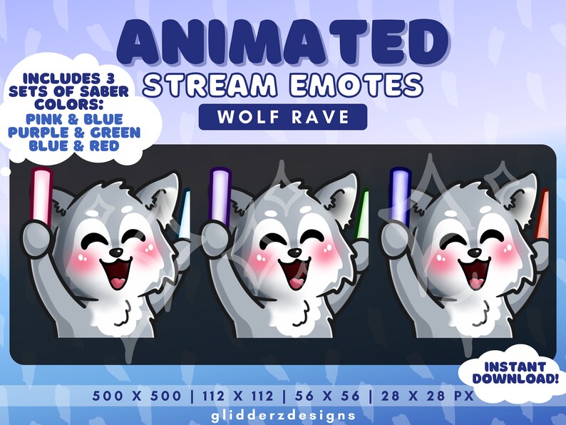 Glow Stick Twitch Emote ANIMATED Gray Wolf Rave Emote Wolf - Etsy