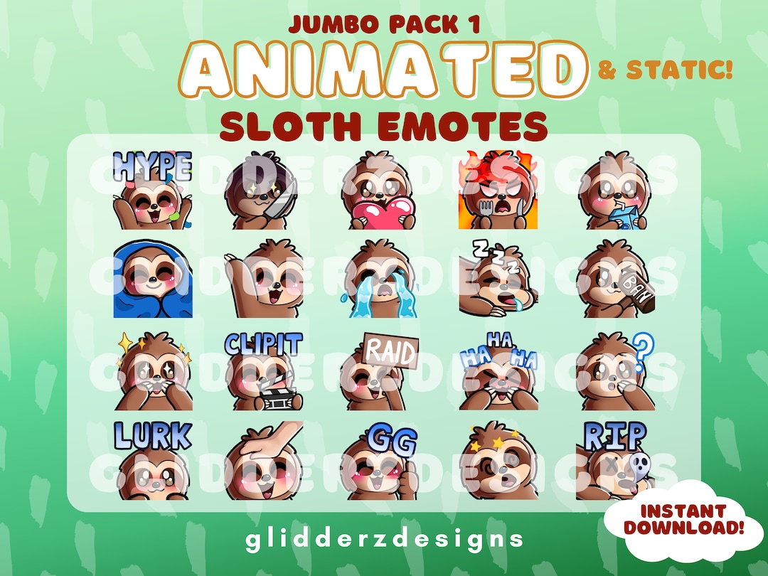 Sloth ANIMATED Emotes Jumbo Pack 1 | 20 Sloth Twitch Emotes | 20 Static ...