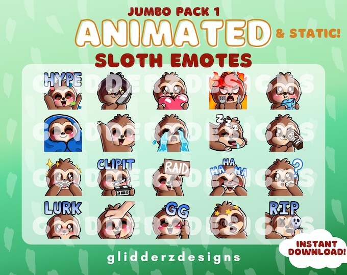 Sloth ANIMATED Emotes Jumbo Pack 1 | 20 Sloth Twitch Emotes | 20 Static ...