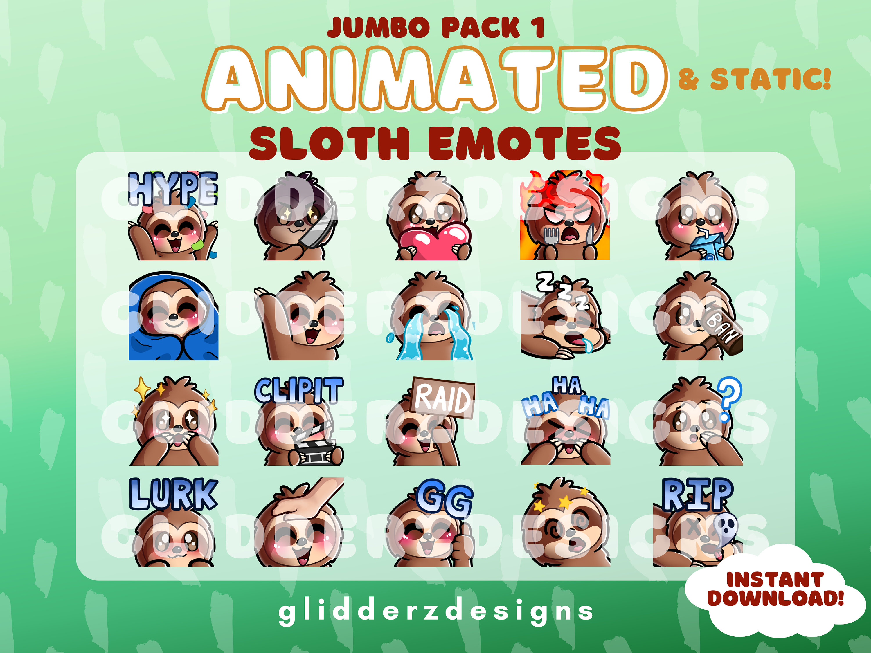 Sloth ANIMATED Emotes Jumbo Pack 1 | 20 Sloth Twitch Emotes | 20 Static ...