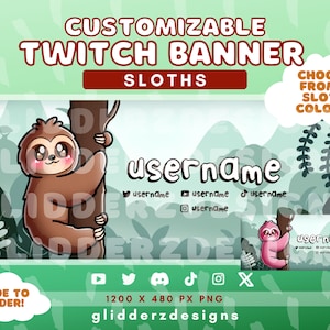 Sloth Twitch Banner | Customizable Twitch Banner | Cute Sloth Banner for Twitch | Brown or Pink ...