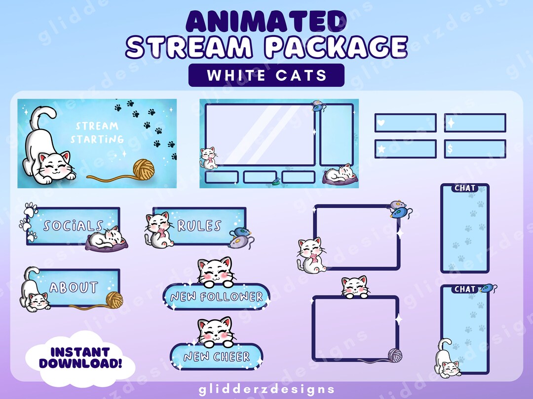 ANIMATED Cat Stream Package | White Cat Stream Overlay Package | Blue ...