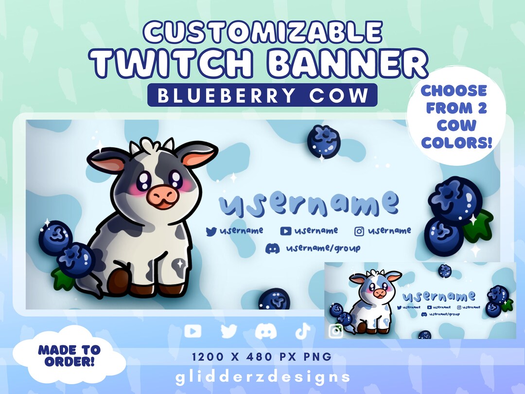 Blueberry Cow Twitch Banner | Customizable Twitch Banner | Black and ...