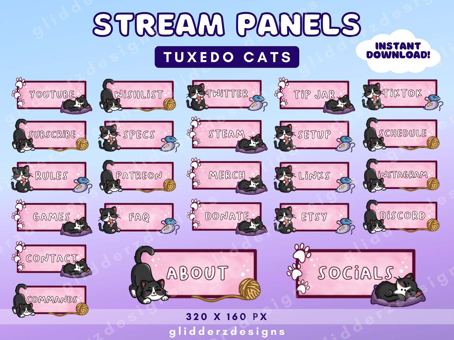 Cat Twitch Overlay Animated Package | Tuxedo Cat Twitch Overlays ...