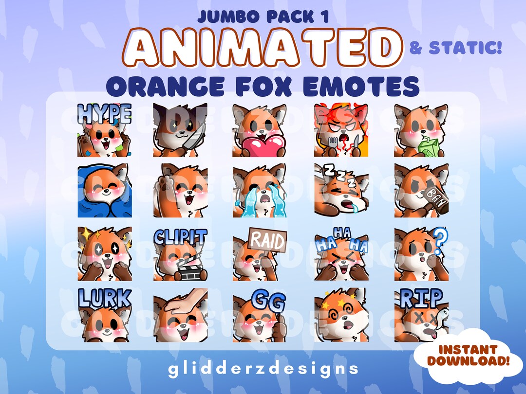 Fox ANIMATED Emotes Jumbo Pack 1 | 20 Orange Fox Twitch Emotes | 20 ...