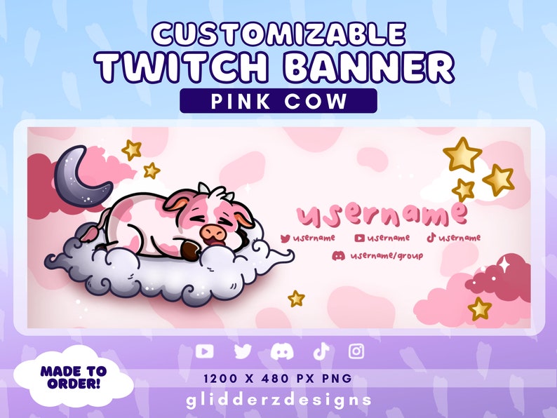 Strawberry Cow Twitch Banner | Customizable Banner Twitch | Pink Cow ...