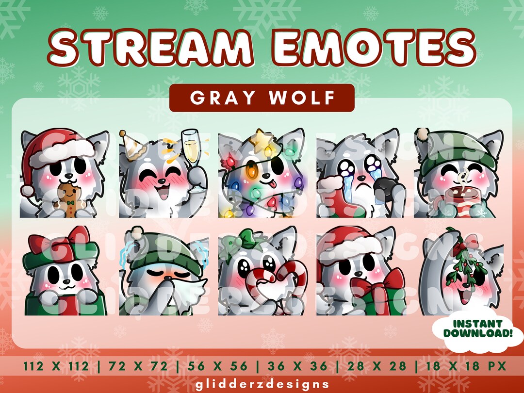 Gray Wolf Christmas Twitch Emotes | Wolf Holiday Emote Pack | 10-pack ...