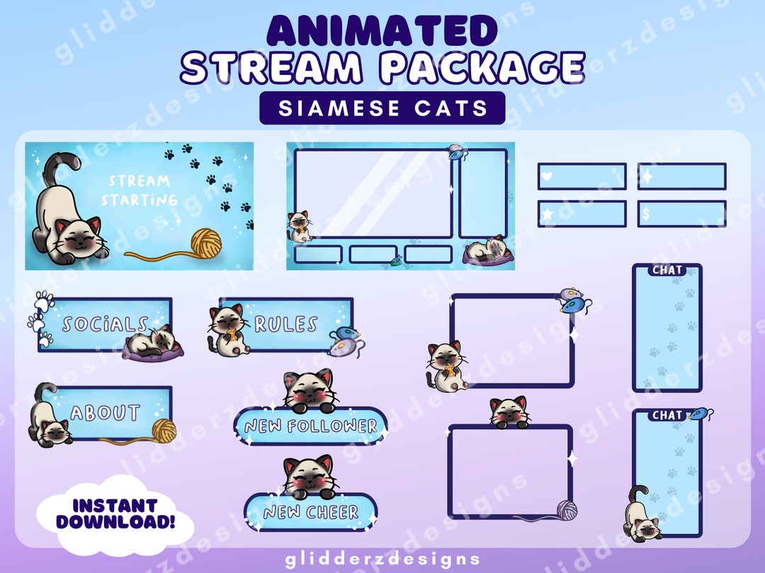 Cat Twitch Overlay Package | Animated Stream Overlay Cat | Siamese Cat ...
