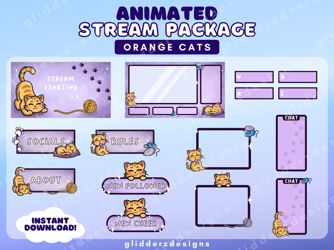 Cat Animated Stream Package | Cat Twitch Package | Purple Stream ...
