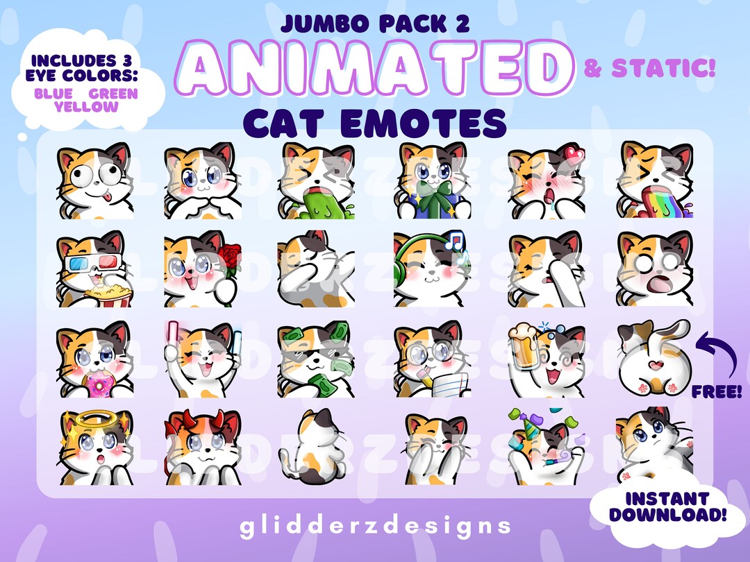 Calico Cat ANIMATED Emotes Jumbo Pack 2 | 24 Static AND Animated Cat ...