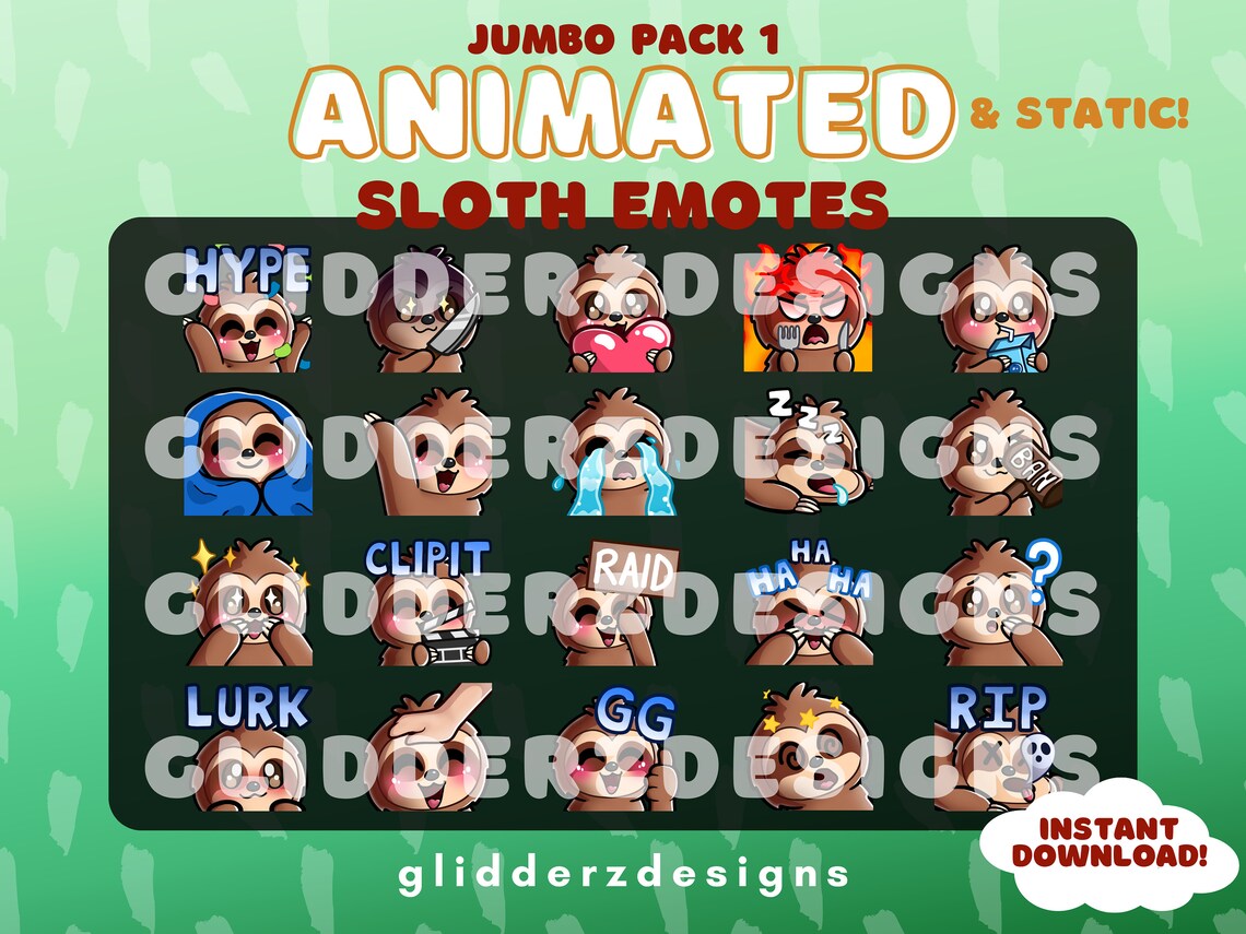 Sloth ANIMATED Emotes Jumbo Pack 1 | 20 Sloth Twitch Emotes | 20 Static ...