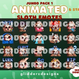 Sloth ANIMATED Emotes Jumbo Pack 1 | 20 Sloth Twitch Emotes | 20 Static ...