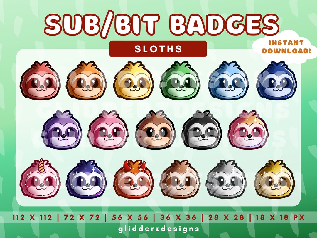 Sloth Sub Badges | Sloth Twitch Badges | Cute Sloth Bit Badges | Sloth ...