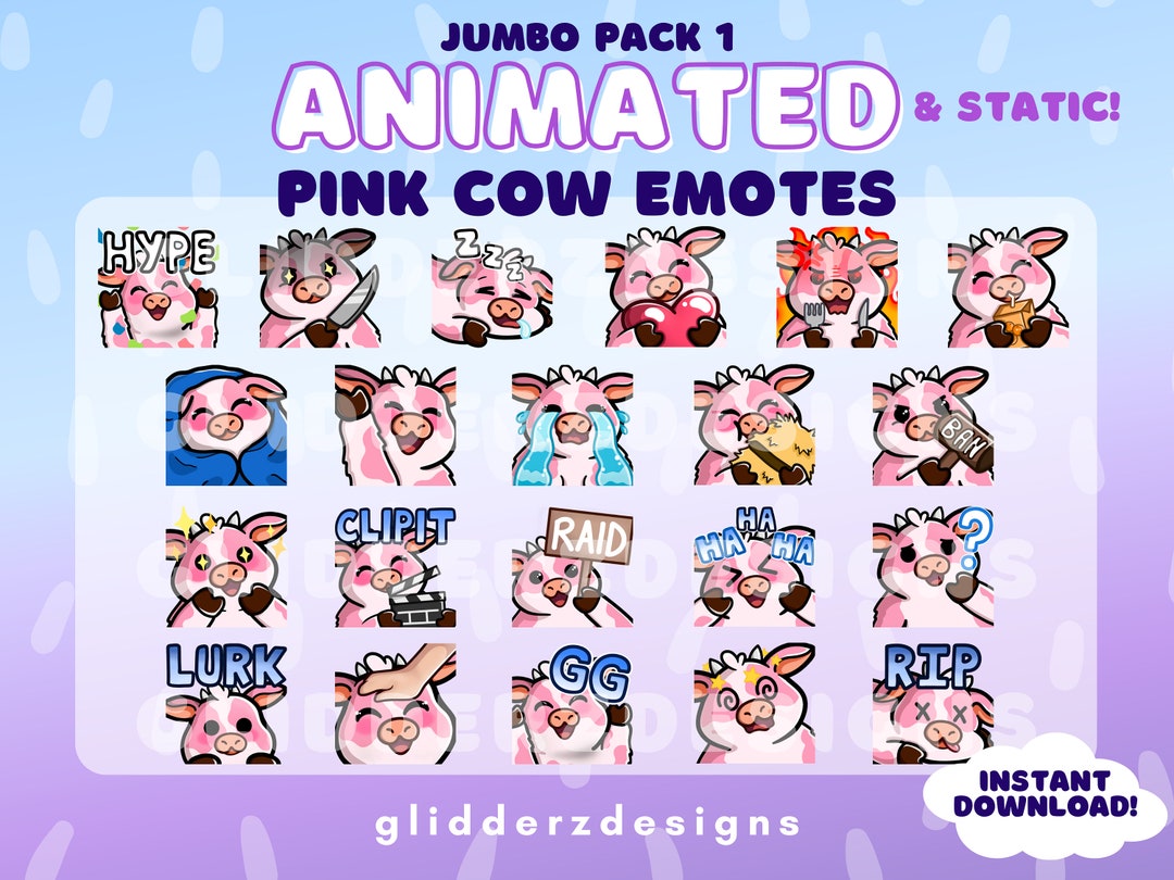 Pink Cow ANIMATED Emotes Jumbo Pack 1 | Strawberry Cow Twitch Emotes ...