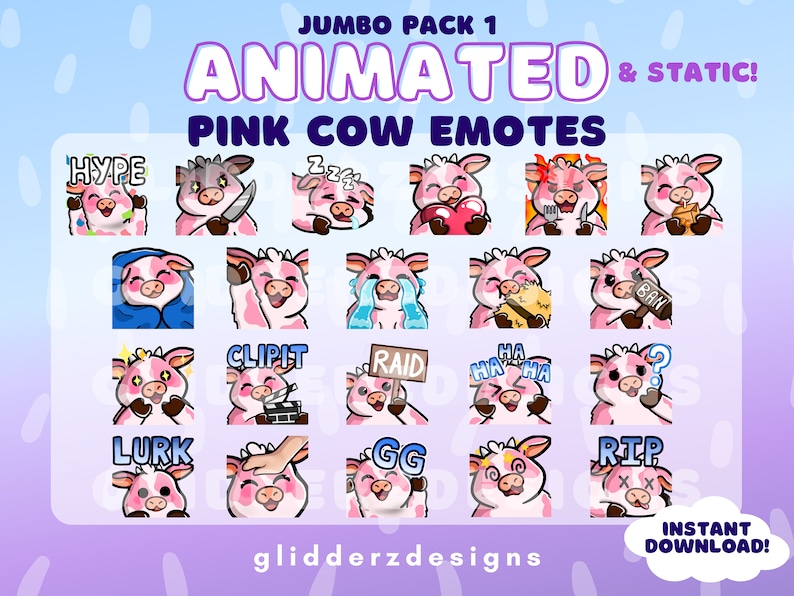 Pink Cow ANIMATED Emotes Jumbo Pack 1 | Strawberry Cow Twitch Emotes ...