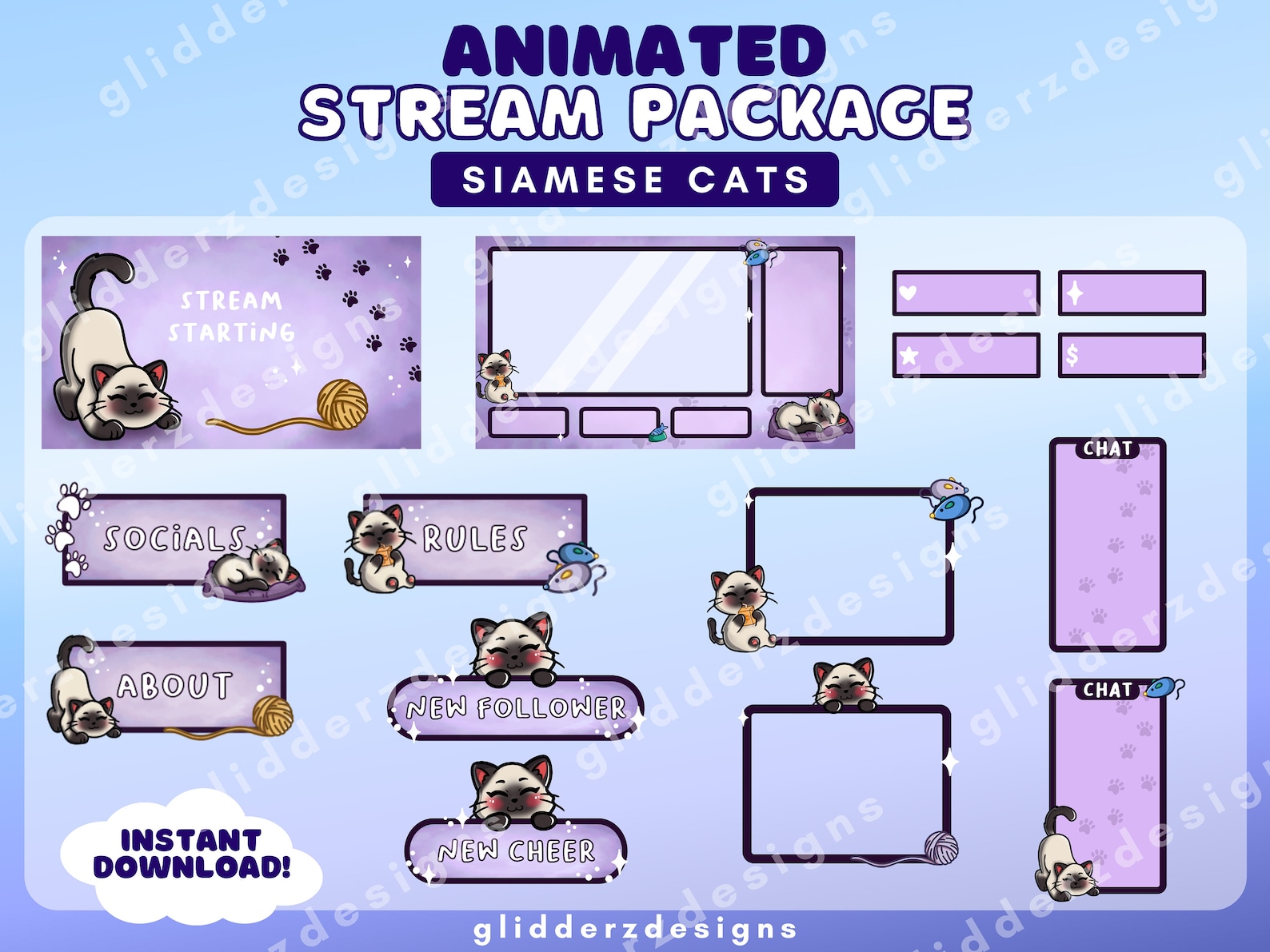 Animated Twitch Package Stream Overlay Cat Siamese Cat - Etsy