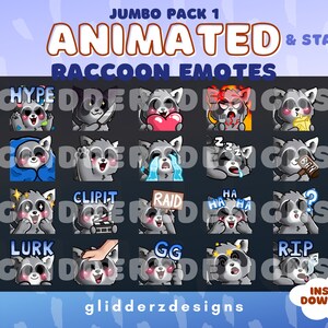 Raccoon ANIMATED Emotes Jumbo Pack 1 | 20 Raccoon Twitch Emotes | 20 ...