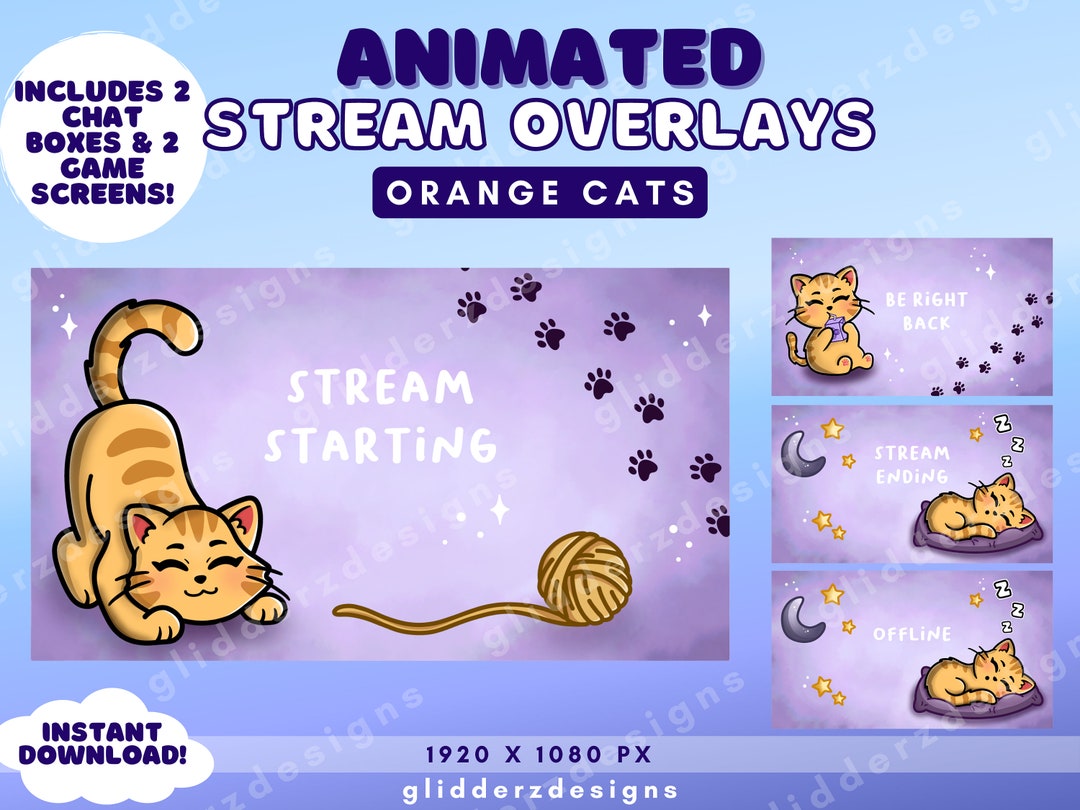 Cat ANIMATED Twitch Overlay | Animated Overlay Cat | Purple Stream Overlay | Orange Cat Animated ...