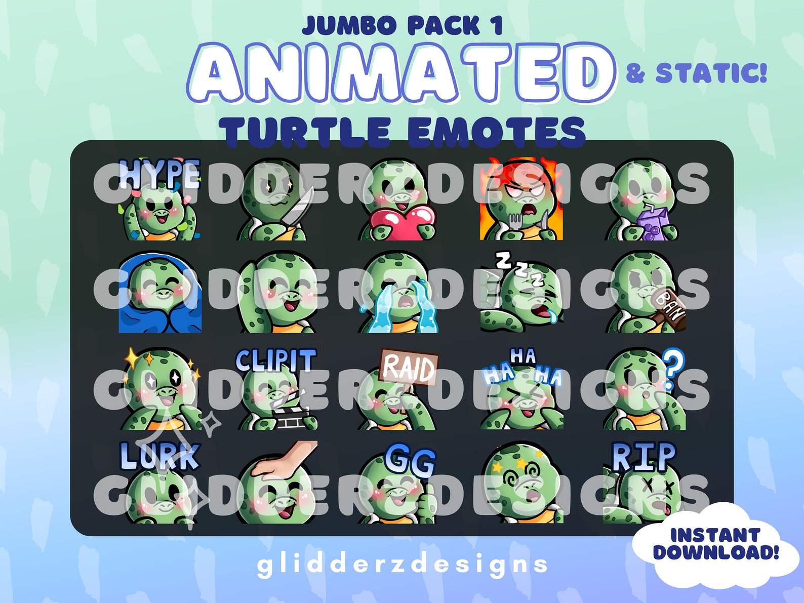 Turtle ANIMATED Emotes Jumbo Pack 1 | 20 Turtle Twitch Emotes | 20 ...