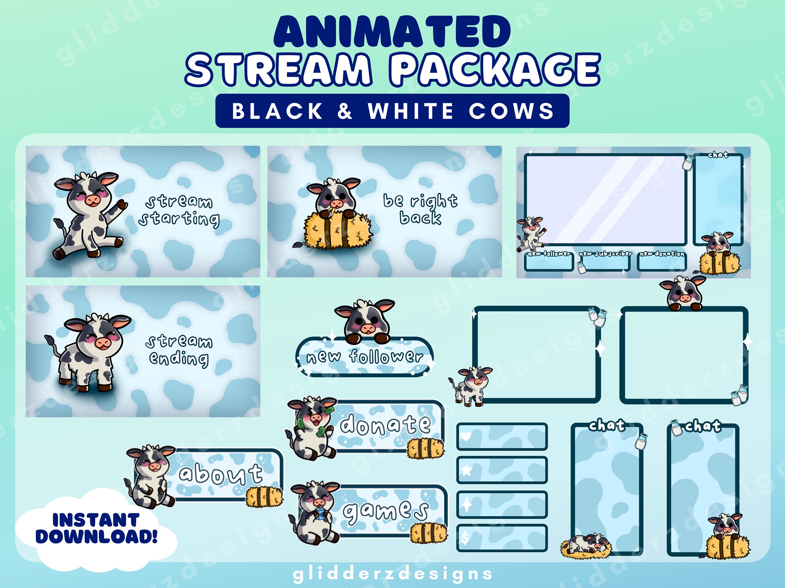 Cow ANIMATED Twitch Package | Cow Stream Package ANIMATED | Black and ...