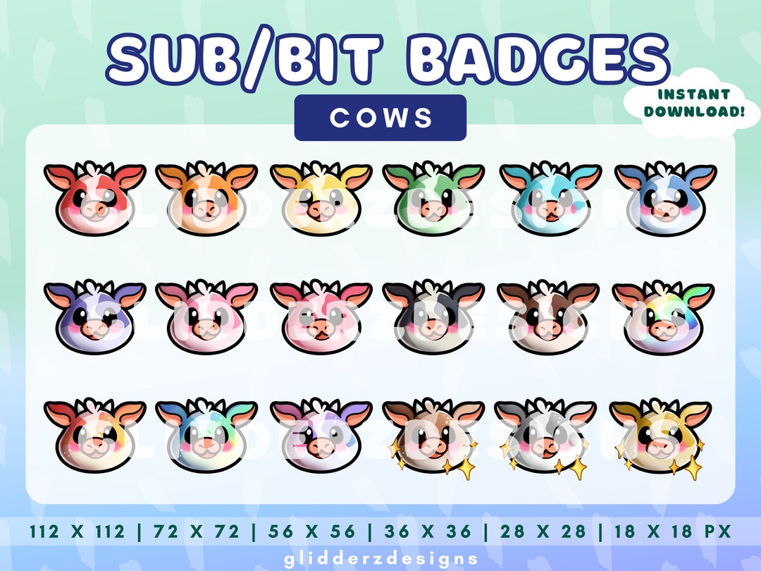 Cow Twitch Sub Badges | Cute Cow Twitch Badge | 18 Cow Sub Badges for ...