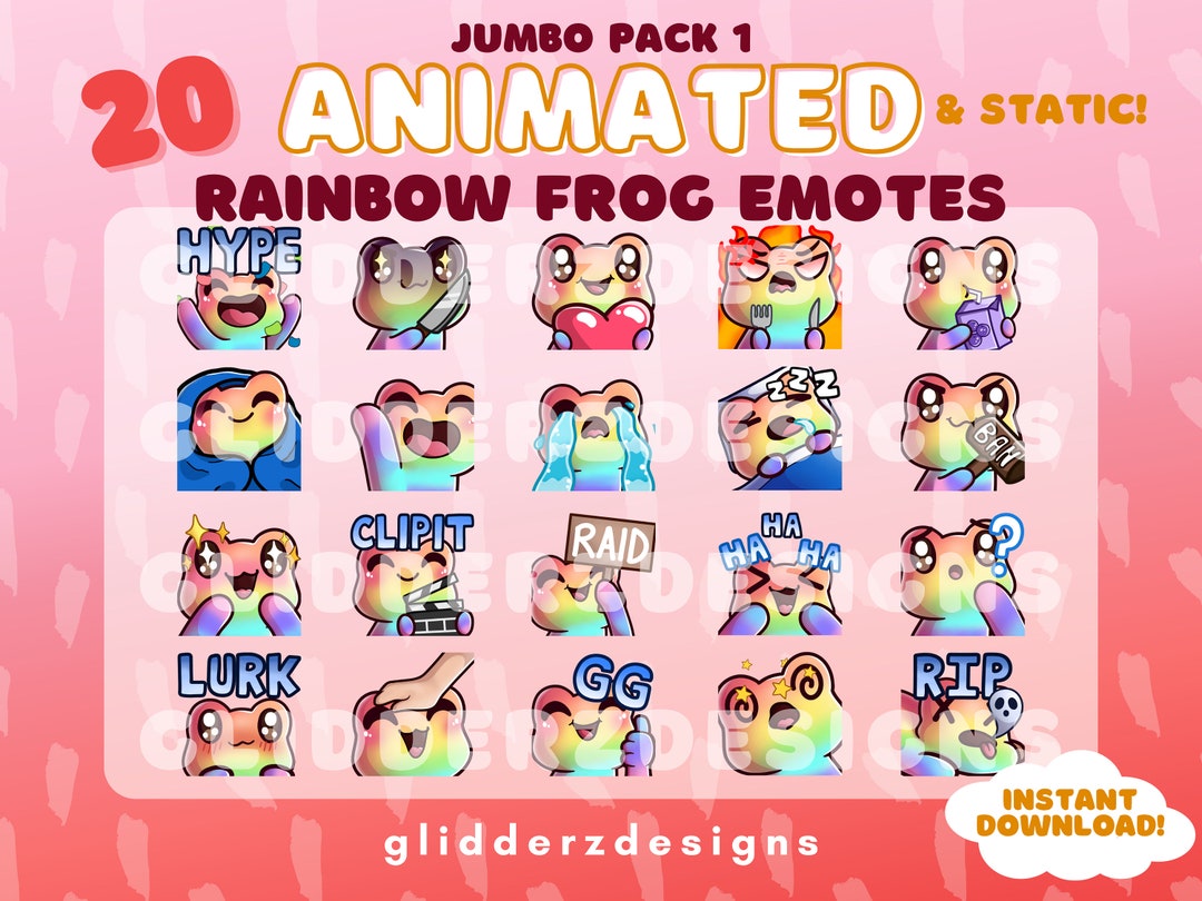 Rainbow Frog ANIMATED Emotes Jumbo Pack 1 | 20 Rainbow Frog Twitch ...