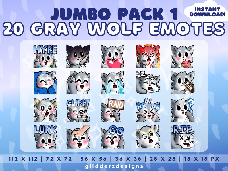 Gray Wolf Twitch Emotes JUMBO Pack 1 | Cute Wolf Emotes | 20 Gray Wolf ...