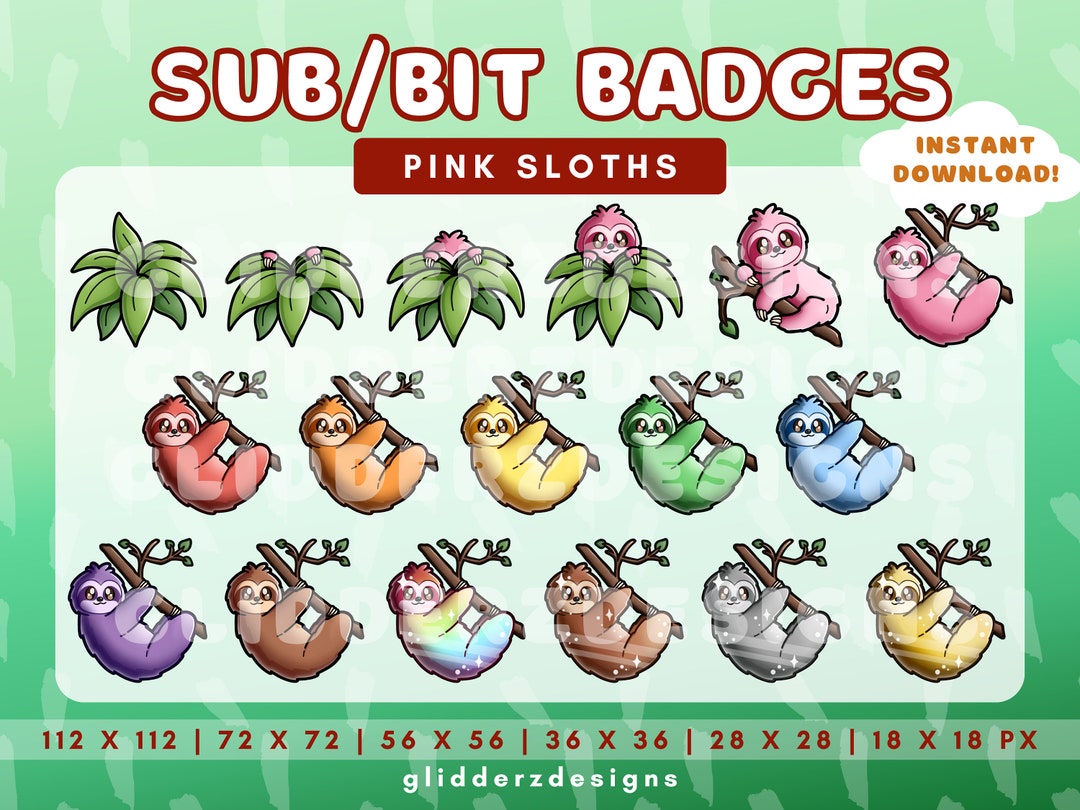 Pink Sloth Sub Badges | Sloth Twitch Badges | Cute Sloth Bit Badges ...
