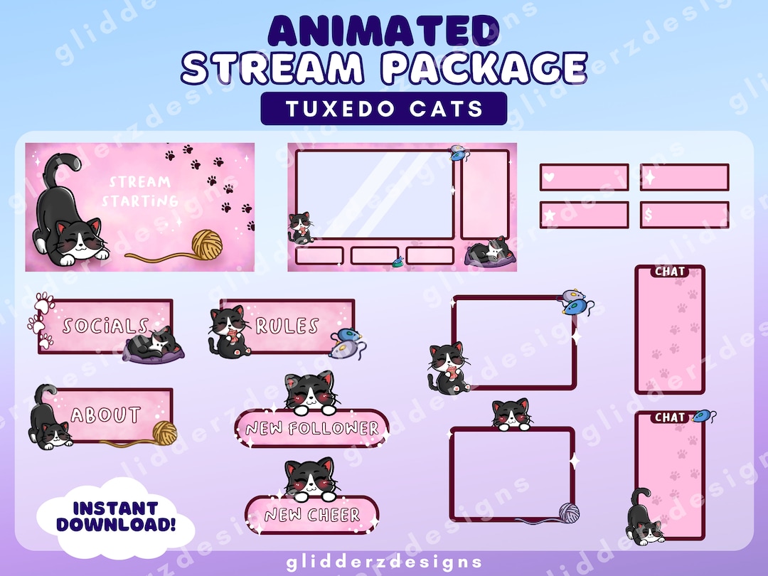 Cat Twitch Overlay Animated Package | Tuxedo Cat Twitch Overlays ...