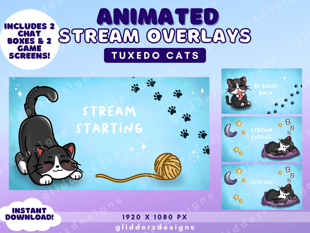 ANIMATED Cat Twitch Overlay Tuxedo Cat Stream Overlays - Etsy