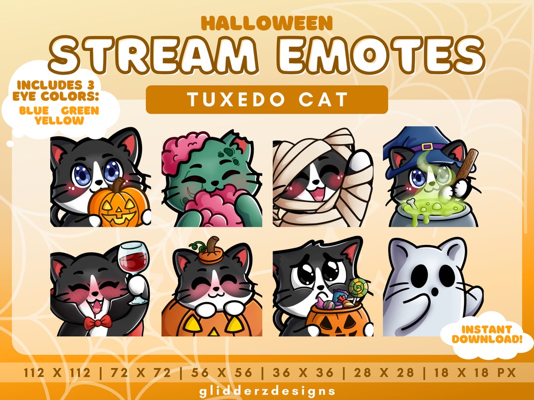 Tuxedo Cat Halloween Twitch Emote Pack Halloween Cat Emotes 8 Halloween ...