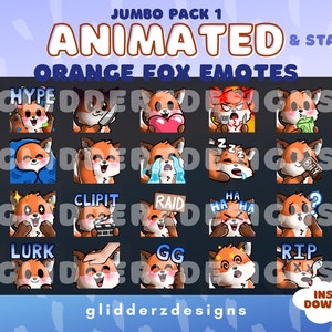 Fox ANIMATED Emotes Jumbo Pack 1 | 20 Orange Fox Twitch Emotes | 20 ...