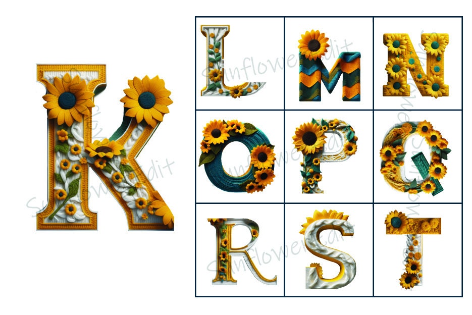 Sunflower Font, Sunflower Alphabet Collection Clipart Set, Full 26 ...