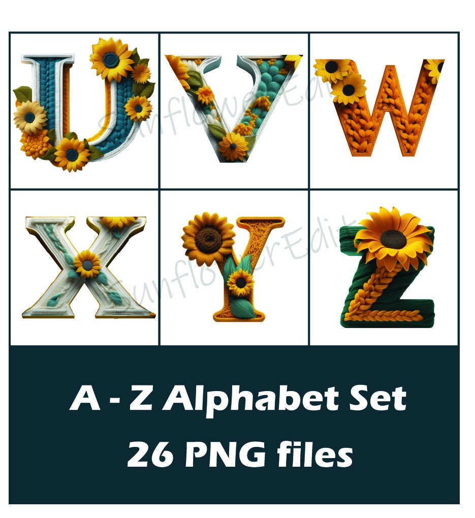 Sunflower Font, Sunflower Alphabet Collection Clipart Set, Full 26 ...
