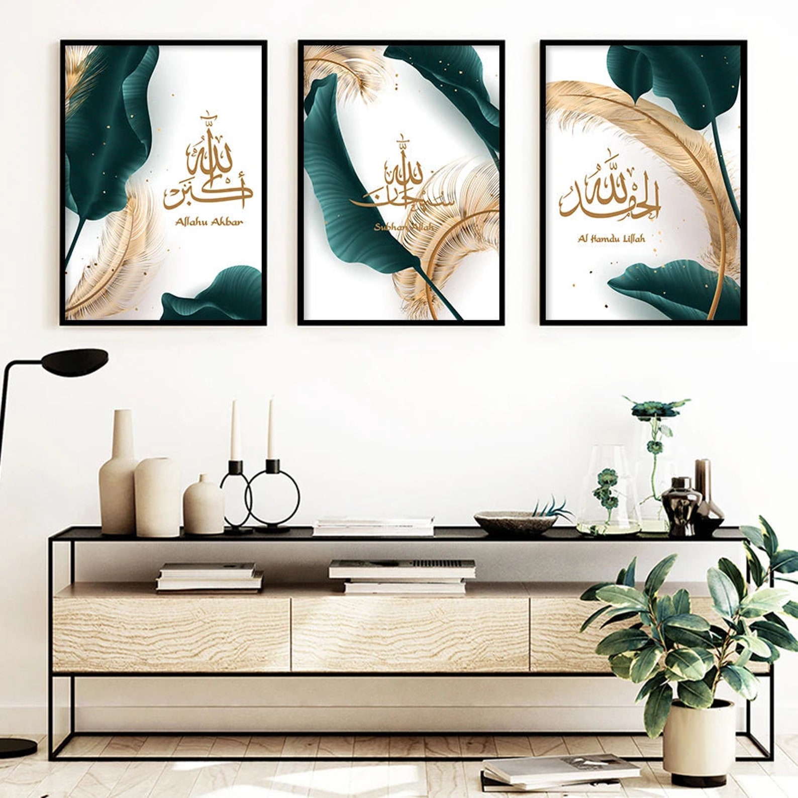 Islamic Calligraphy Allahu Akbar Gold Sage Green Wall Art, Islamic ...